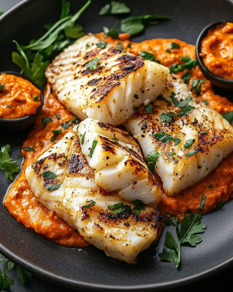 Spanish Grilled Cod with Almond Romesco Sauce