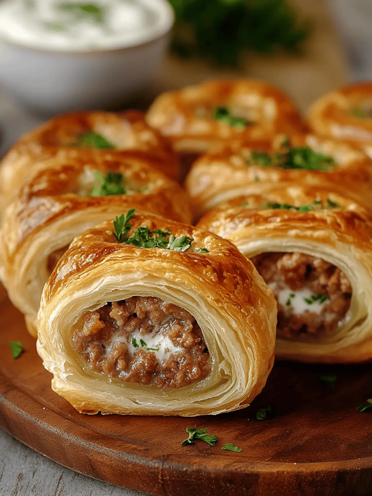 Ground Meat Puff Pastry Roll with Garlic Yogurt Sauce Magic